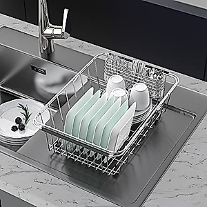 Large Sink Dish Drying Rack, Expandable 304 Stainless Steel Metal Dish Drainer Rack Organizer Shelves with Stainless Steel Utensil Holder Over Inside Sink, Rustproof