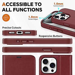 TUCCH Wallet Case for iPhone 15 Pro Max, [Removable] Stand RFID Blocking 4 Card Slots Wireless Charging Protective Case, 2-in-1 Detachable PU Leather Folio Compatible with iPhone 15 Pro Max, Dark Red