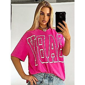 Verdusa Women's Oversized T Shirt Letter Graphic Drop Shoulder Round Neck Tee Top Hot Pink S