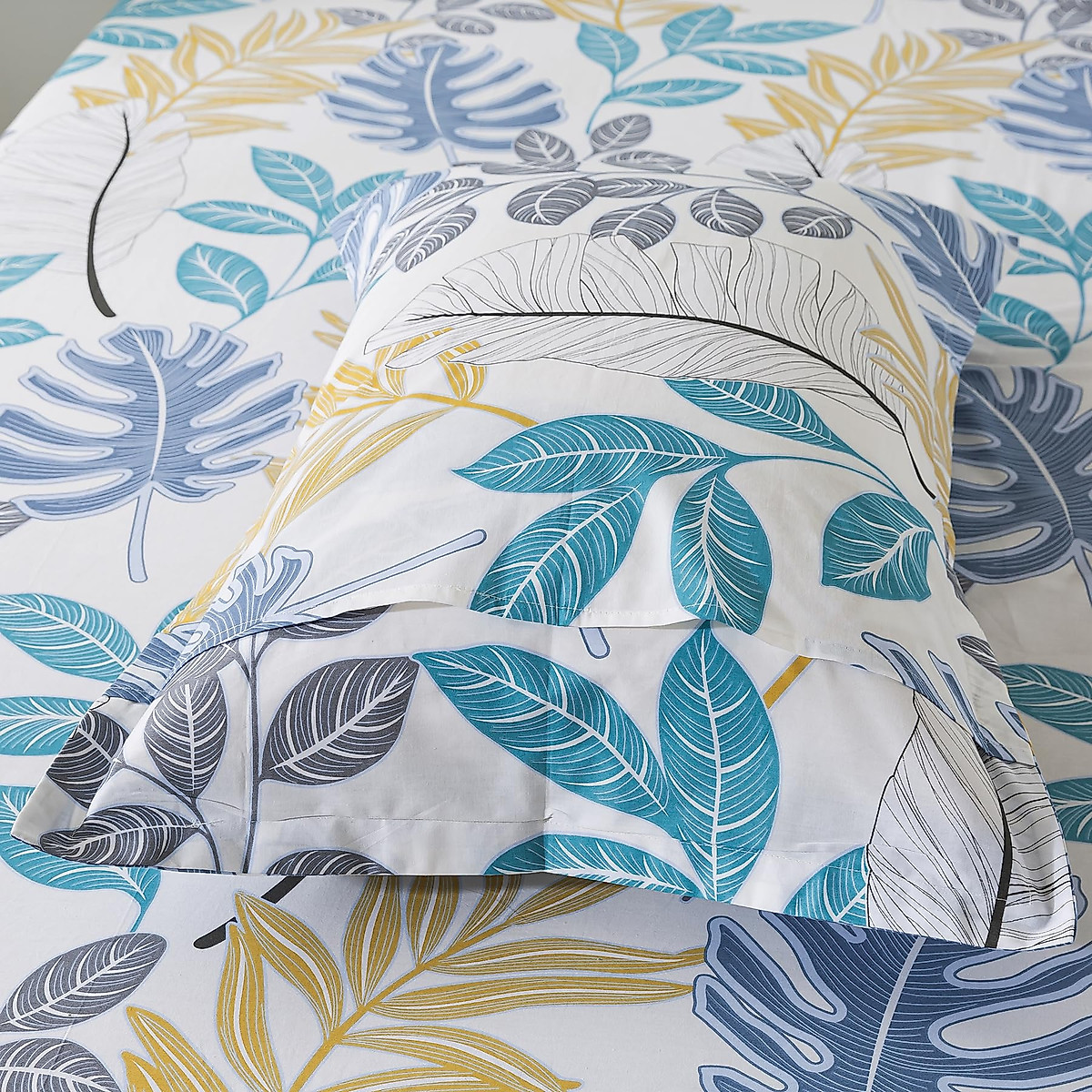 Lemfux Twin Sheet Sets 4Pcs,100% Cotton Palm Leaf Print Plant Luxury White Bed Sheet Sets, Deep Pocket Fitted Sheet Set, Ultra Soft Flat Sheet Set for All-Season Bed Sheets Twin