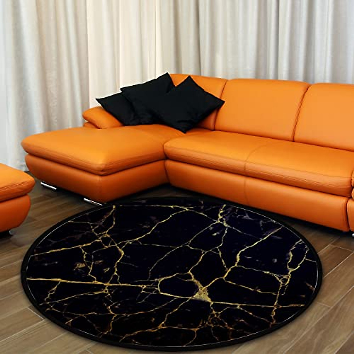 BVOGOS 36 inch Large Round Rugs Black and Gold Marble Ultra Soft Kids Floor Playing Mat for Bedroom Living Room Baby Room, Non-Skid Lightweight Foam Area Rugs Home Decor