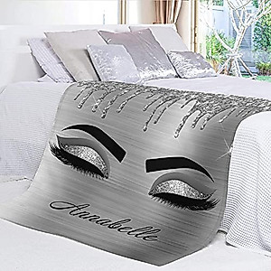 CUXWEOT Custom Blanket Personalized Silver Glitter Sparkle Eyelashes Print Soft Fleece Throw Blanket with Name for Gifts Sofa Bed 50 X 60 inches