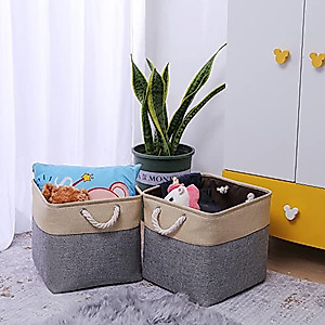 CREADARD Fabric Cube Storage Basket, 13x13x13 inch Foldable Linen Cube Storage Basket for Nursery and Home, Collapsible Canvas Shelf Basket for Wardrobe or Bedroom, Blue and Grey and Beige