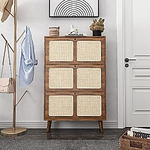 wirrytor 3 Flip Drawers Rattan Shoe Cabinets, 24 Pairs Freestanding Shoe Rack Storage Organizer, Modern Vintage 3 Tier Wood Shoe Storage Cabinet for Entryway Hallway Doorway (Walnut)