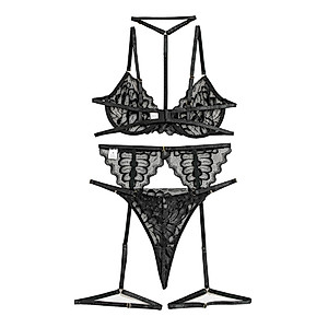 Lilosy Petite Sexy Choker Floral Lace Scallop Sheer Underwire Push Up Garter Belt Lingerie Set for Women See Through Bra and Panty 3 Piece Black X-Small