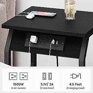IDEALHOUSE End Table with Charging Station, Black Side Table with USB Ports and Outlet in Living Room & Bedroom, Wooden Sturdy Couch Bedside Small Bookcase