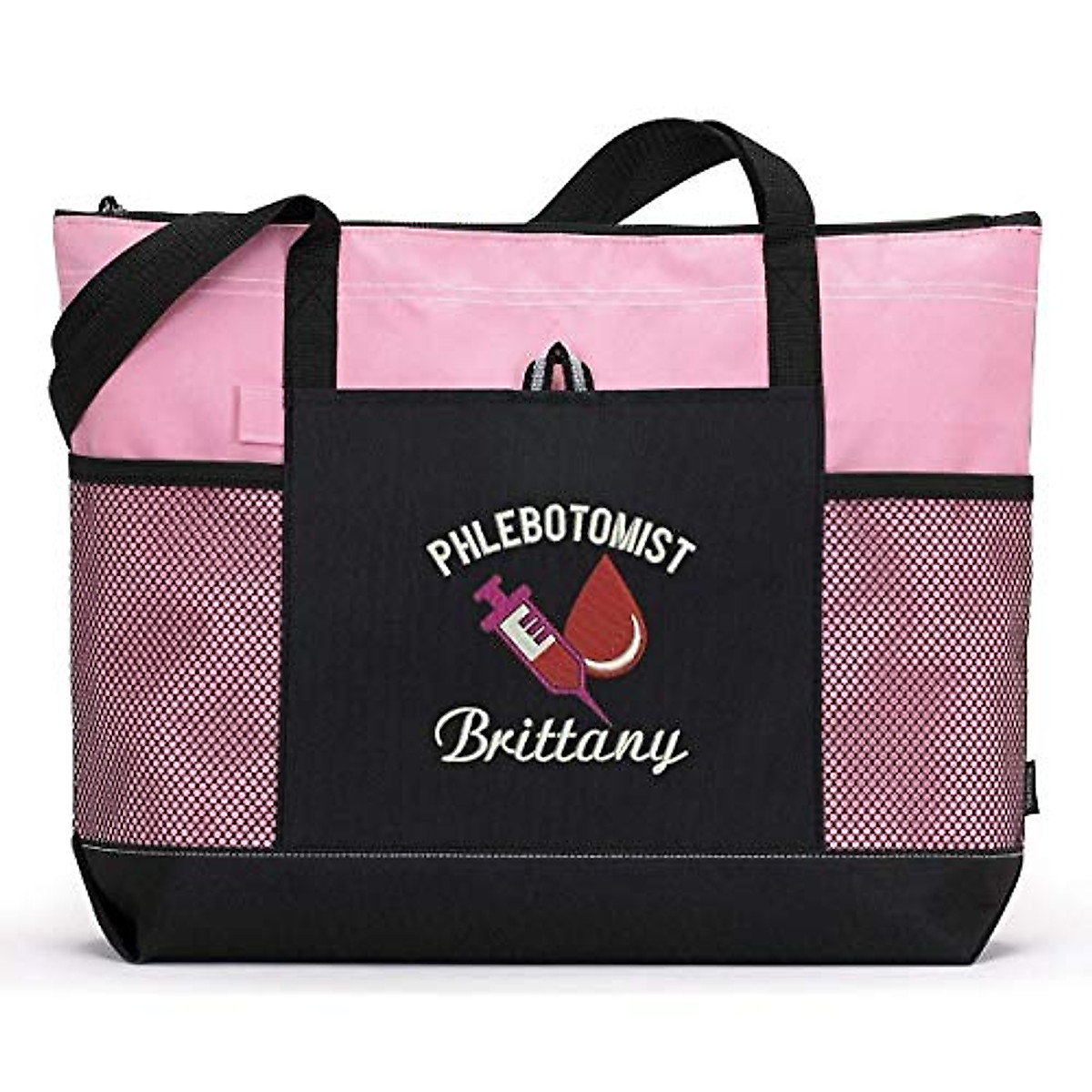 Phlebotomist Personalized Tote Bag with Mesh Pockets, Front Pocket, Zippered Closure