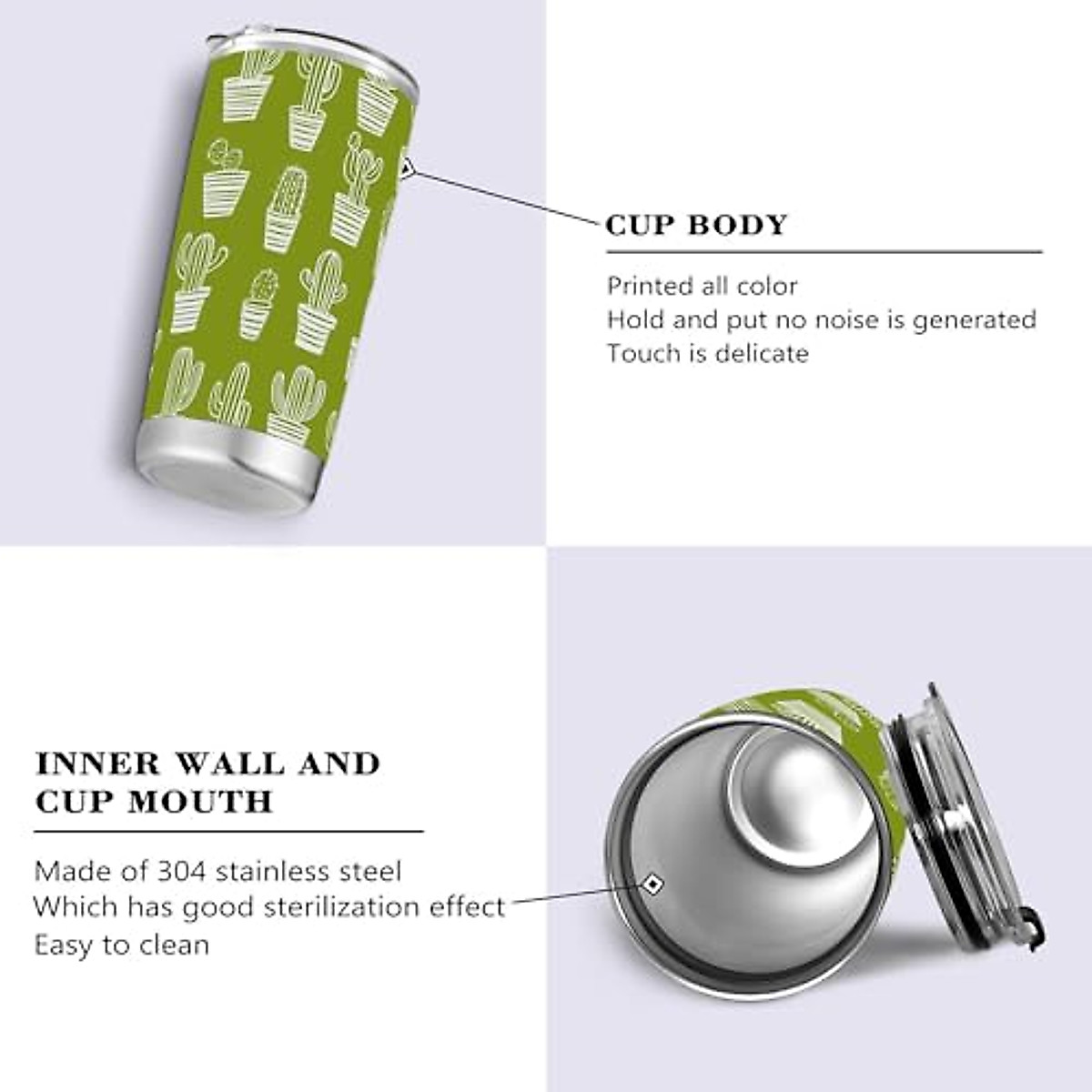 sanluoli Green Cactus Pattern Stainless Steel insulated coffee cup with Straw Lid coffee mug for men for gym leakproof straw tumbler 20 OZ