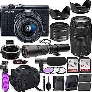 Canon EOS M100 Mirrorless Camera (Black) w/M-Adapter & Canon Lenses - EF-M 15-45mm f/3.5-6.3 is STM and EF 75-300mm f/4-5.6 III + 500mm Preset Telephoto Lens + Deluxe Travel Accessory Bundle (Renewed)