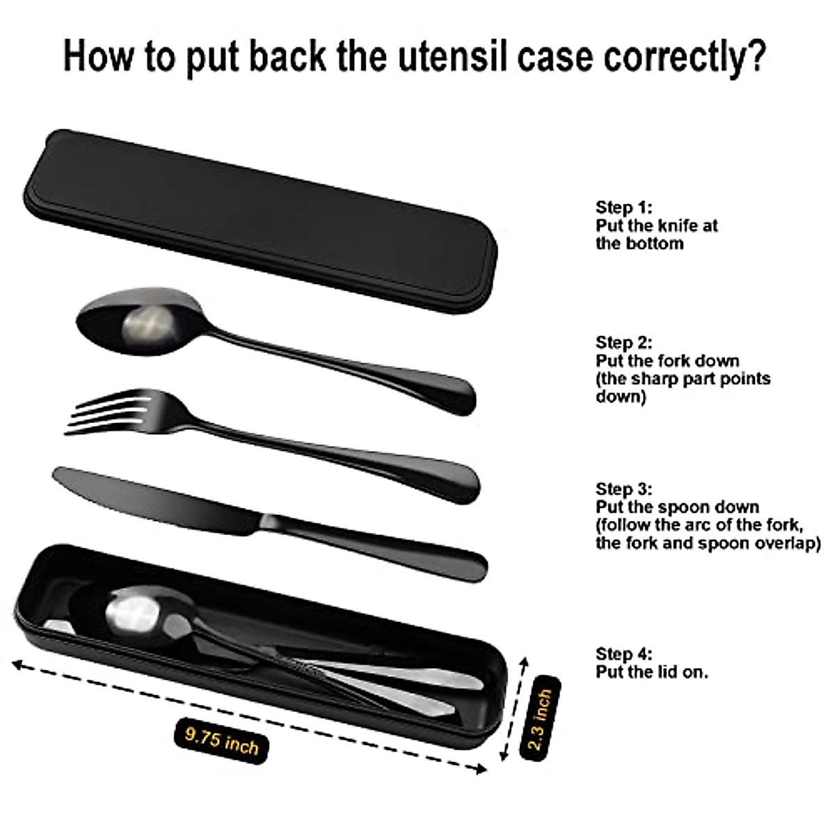 Portable Travel Utensils Set with Case 18/8 Stainless Steel Black Silverware Sets Include Knife Fork and Spoon with Case Reusable Utensil Set for Lunch Box and Camping (Black)