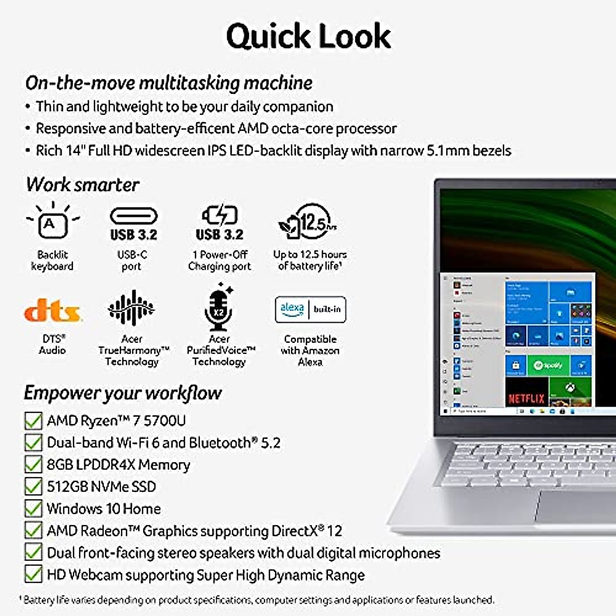 Acer Swift 3 Ultra Light Laptop AMD Ryzen 7 5700U 8-Core Processor 8GB DDR4 512GB NVMe SSD WiFi 6 Backlit Keyboard Fingerprint Reader HDMI Windows 11 (SF314-Renewed)