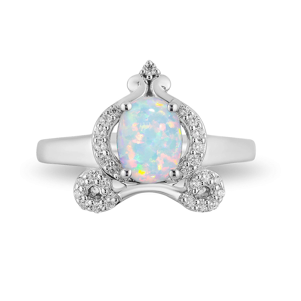 Jewelili Enchanted Disney Fine Jewelry Sterling Silver 1/6cttw and Lab Created Opal Cinderella Carriage Ring