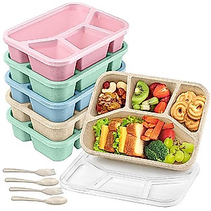 Korlon 6 Pack Bento Lunch Box for Kids 4 Compartment Wheat Straw Lunch Containers for Kids Lunch Boxes for School, Work and Travel with Forks and Spoons
