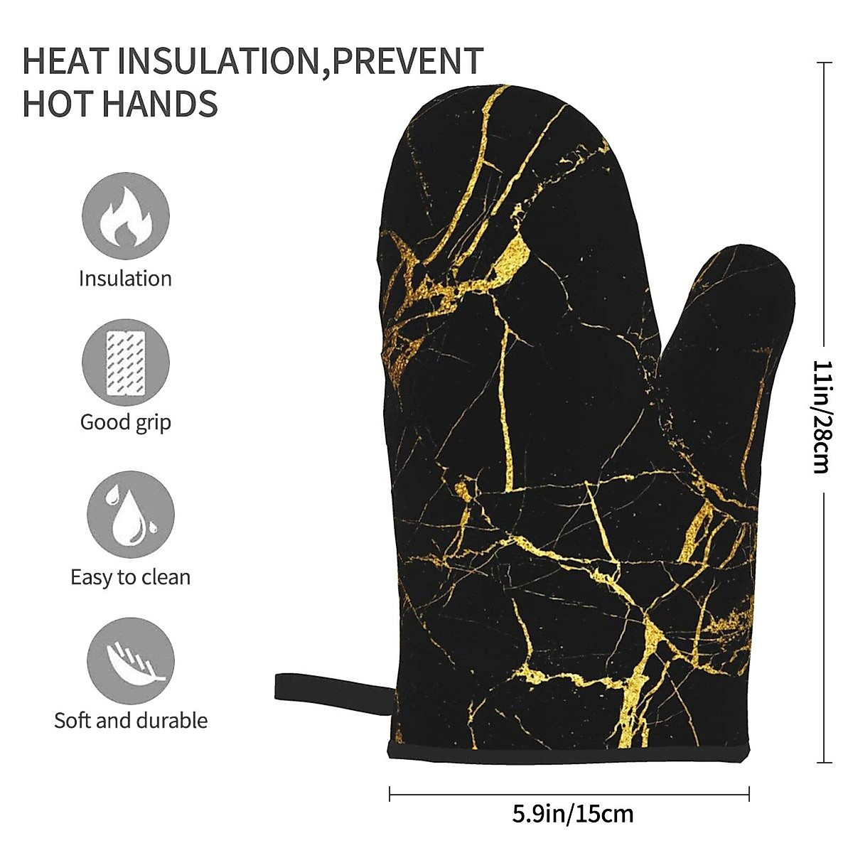 Black Gold Marble Oven Mitts Waterproof Non Slip Heat Resistant Kitchen Gloves for Baking Cooking Grilling BBQ