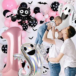 Dripykiaa 16Pcs Spooky One Balloon Set 40" Pink One Year Old Balloon Bouquet for First Birthday Bat Ghost Foil Helium Balloons Birthday Helloween Party Decorations Party Supplies Backdrops for Girl