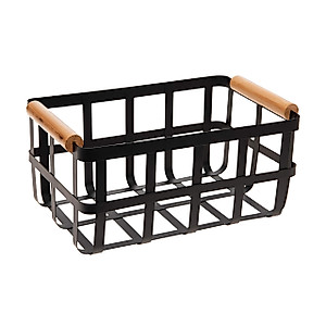 Simplify Rectangular Metal Storage Basket with Bamboo Handles | Large | Farmhouse Style Wire Basket | Home Organizer | Decorative | Rustic | Black