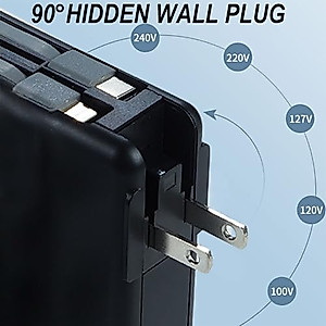 Pwr Travel - 5 in 1 Power Bank International, 10000mAh Portable Wireless Charger Bank with AC Wall Plug & Built-in Cables, Built-in Type-C and Lighting USB Cable 4 Output and 2 Input