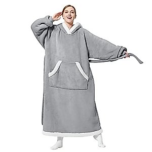 BEDSURE Ovesized Wearable Blanket Hoodie, Long Sherpa Fleece Blanket Sweatshirt as Gifts for Men, with Warm Big Hood for Christmas, Side Split and Belt, Grey, Standard