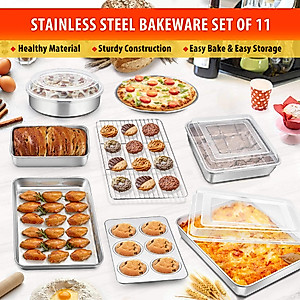 TeamFar Bakeware, Stainless Steel Bakeware Set with Baking Sheet and Rack, Lasagna Pan with Lid, Square & Round Cake Pan with Lid, Muffin Pan & Loaf Pan, Pizza Pan, Healthy & Dishwasher Safe