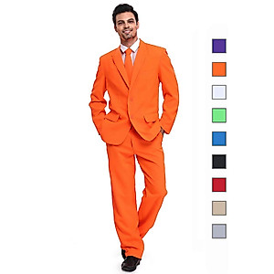 U LOOK UGLY TODAY Men's Party Suit Solid Color Prom Suit for Themed Party Events Clubbing Jacket with Tie Pants Fluorescent Orange-Large