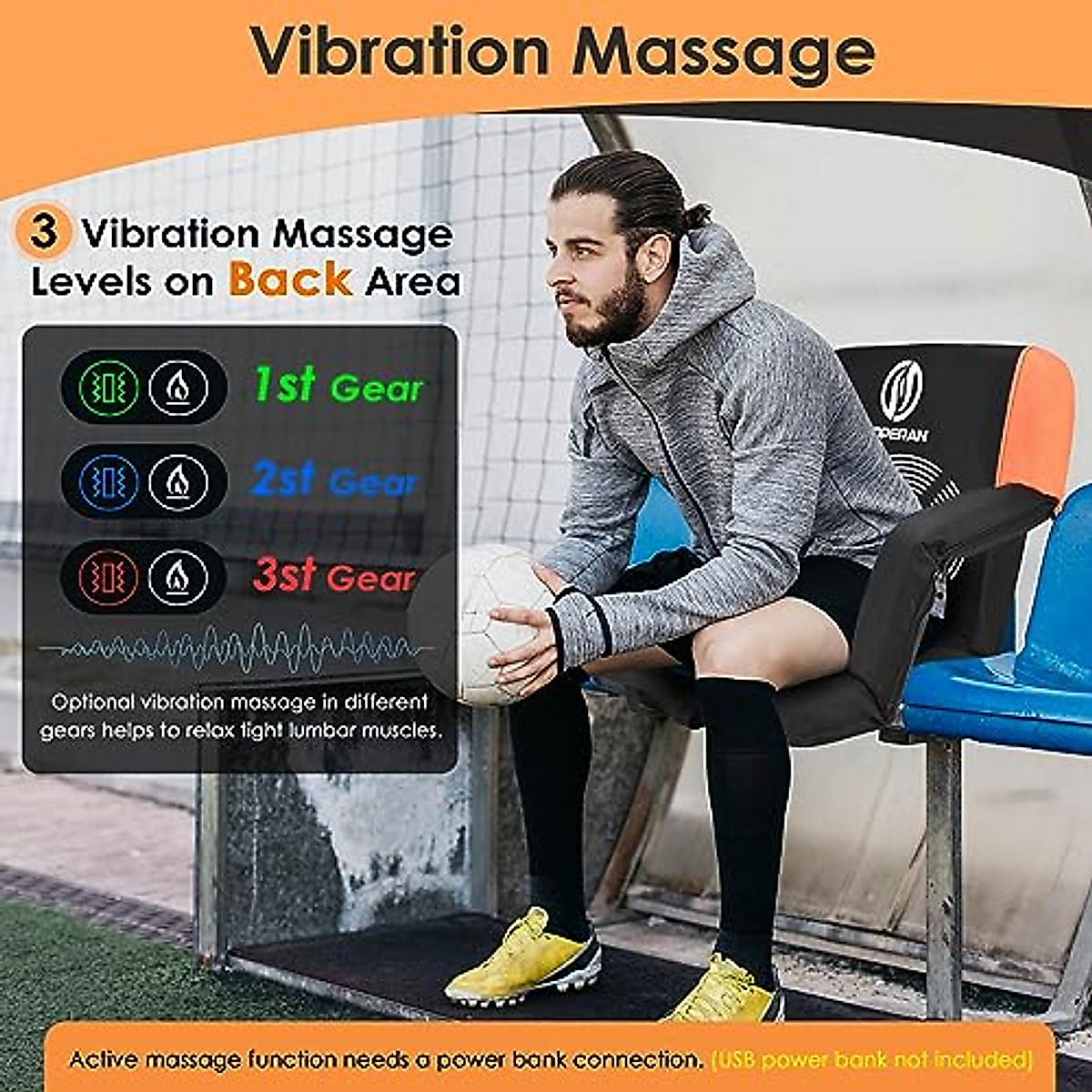 HOPERAN 21" Heated Massage Stadium Seats for Bleachers with Back Support, 3 Levels Heating Massage Stadium Seating for Bleachers Seats with Backs and Cushion Wide, Portable Stadium Chair for Sports