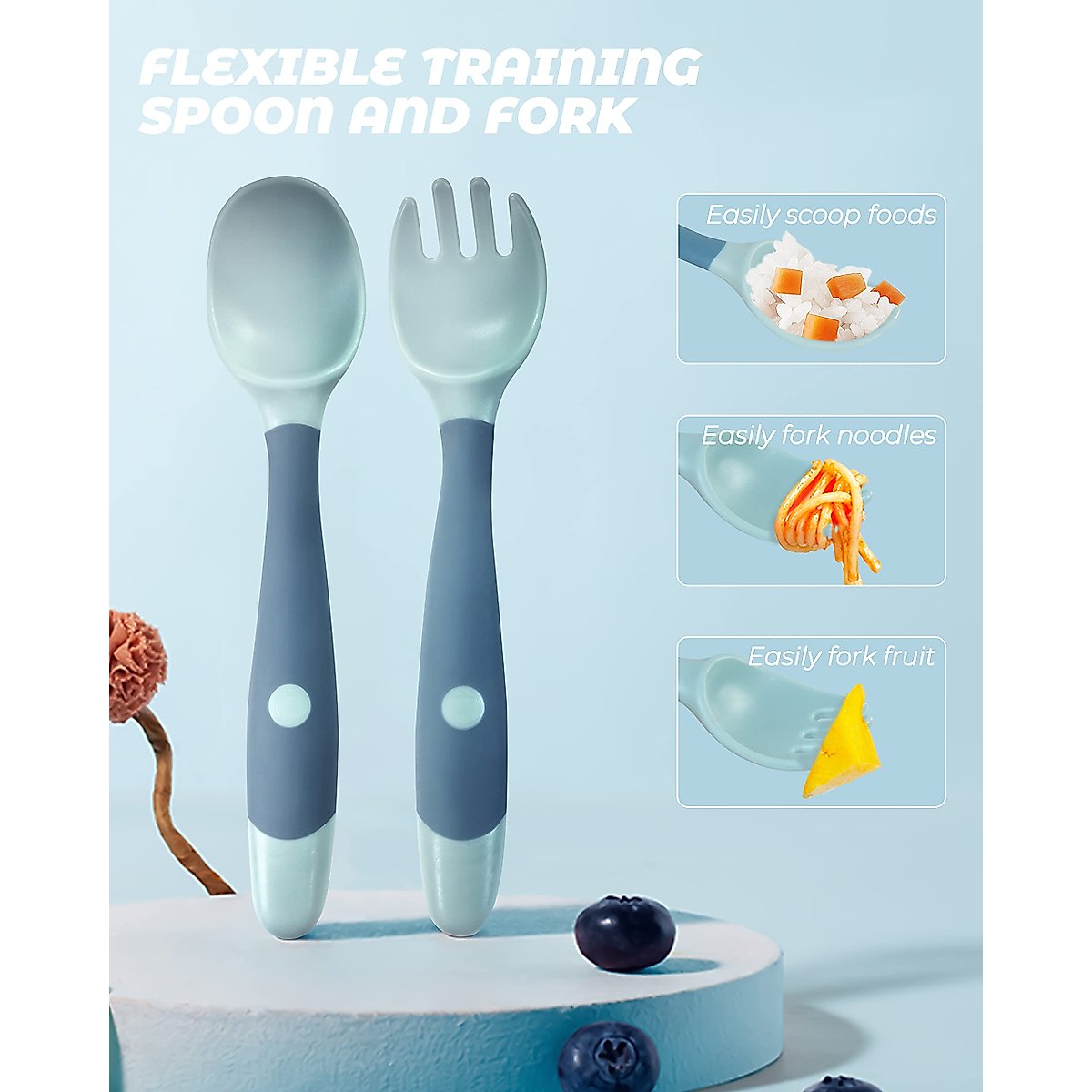 10 Pcs Toddler Utensils, Spoons and Forks Set with Bendable Handle, 5 Toddler Forks and 5 Toddler Spoons, Baby Feeding Set for Self Feeding, Silicone Spoons Forks for Kids, BPA Free