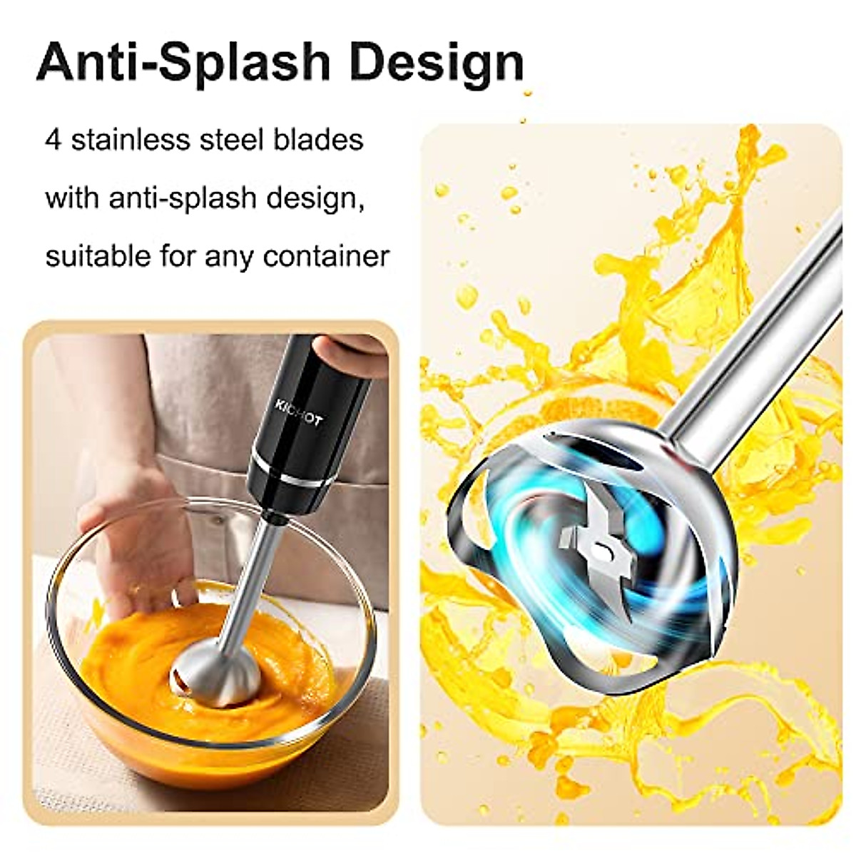 Kichot Emersion Hand Blender, 1000W 4 In 1 Electric Stick Blender for Kitchen with Food Chopper, Egg Whisk, Stainless Sticker, 600ml Mixing Beaker for Smoothies, Soups, Sauces, Baby Food ( Black)