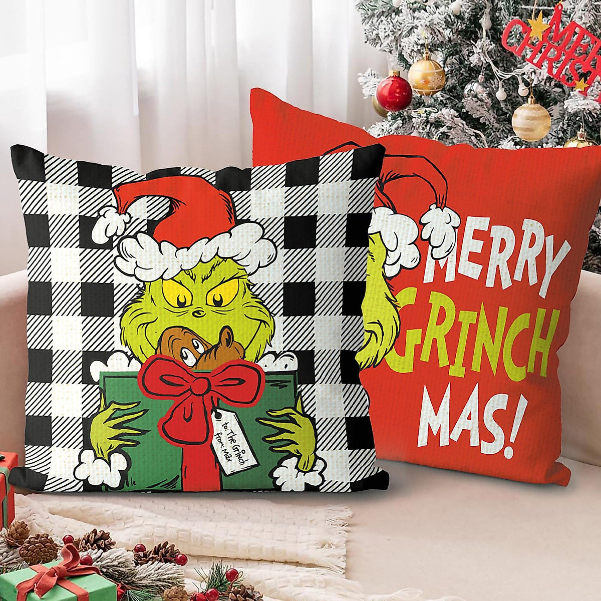 Merry Christmas Throw Pillow Covers 18 x 18 Inches Merry Girnchmas Buffalo Plaid Pillowcase Happy New Year Farmhouse Pillow Case Xmas Decoration for Living Room Sofa Bed Home Set of 4 (Christmas-03)