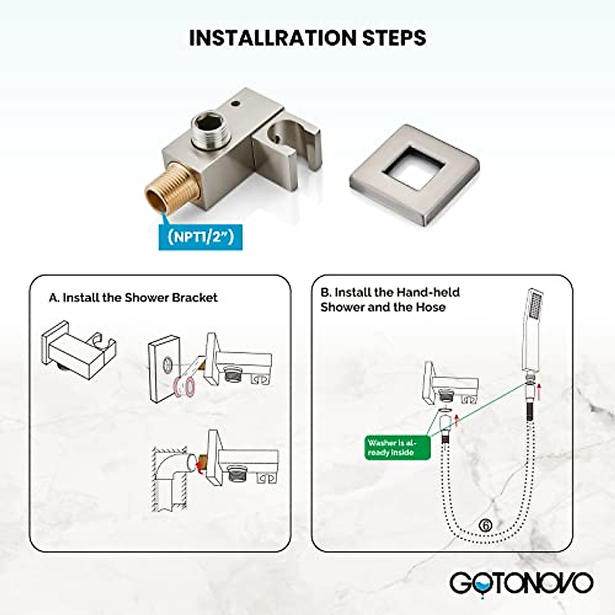 gotonovo Wall Mount High Pressure Brushed Nickel Square Hand Held Shower with Wall Connector and Solid Brass Hose Set