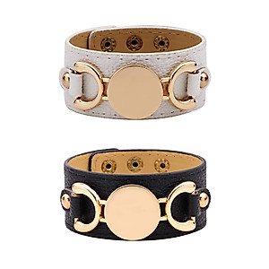 The Woo's 2 Pcs Punk Style Leather Bracelet Leopard Wristbands Wide Belt Cuff Bangle Rock Wrap for Women Adjustable Dual D Leather Wrap Bracelet Vintage Handmade Jewelry-black white