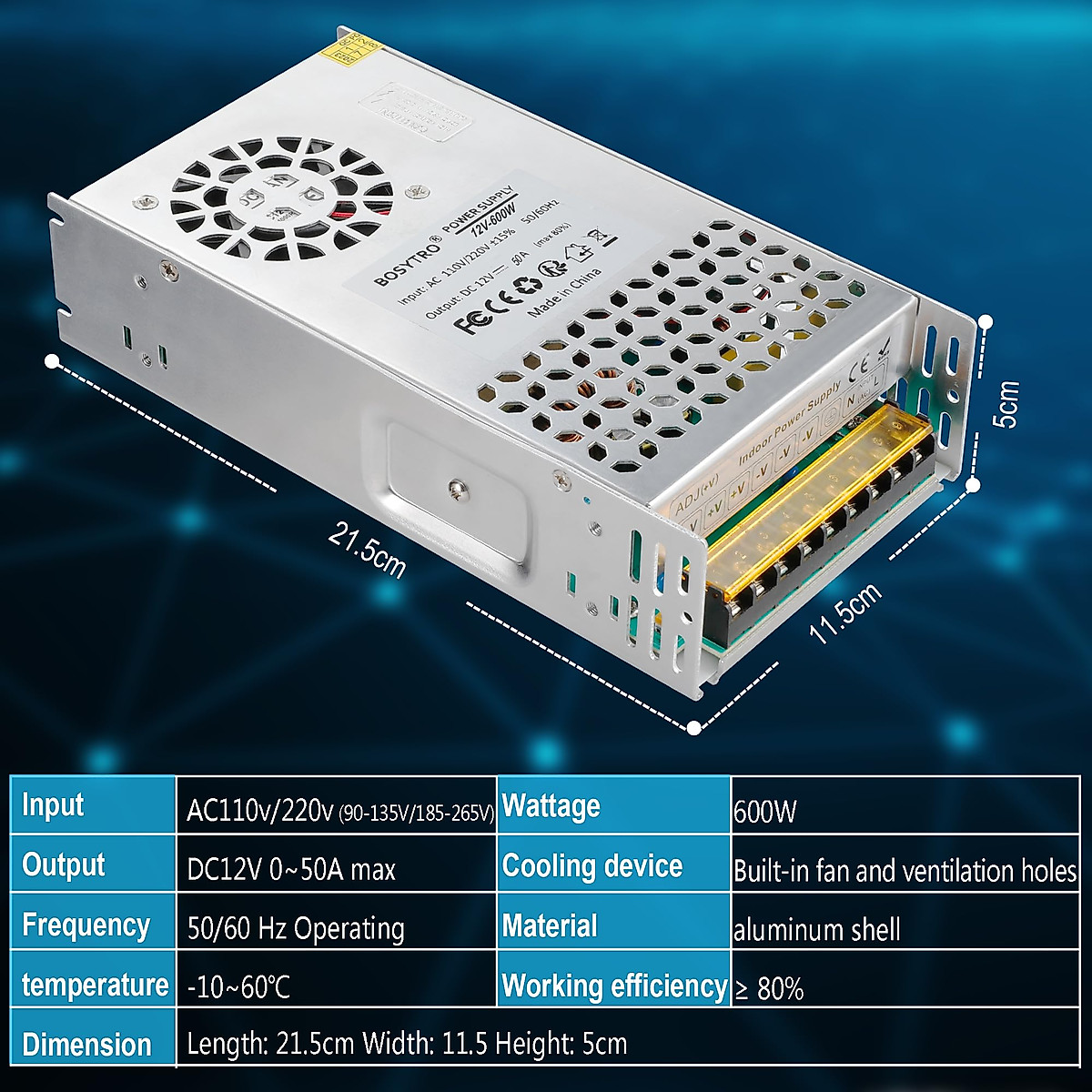 BOSYTRO 12V 50A 600W DC Switching Power Supply, Universal Regulated Switching AC110V/220V (SMPS), 12 Volt Power Supply for LED Strip Light, CCTV Camera Security System,Computer Project