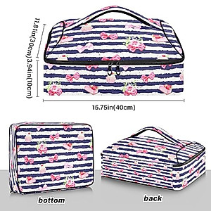 Kcldeci Insulated Thermal Food Carrier Insulated Casserole Carrier for Hot or Cold Food,Navy Striped Red Bows Insulated Tote Bag for Potluck Cookouts Parties Picnic,Lasagna Lugger