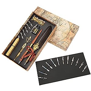 Zerodis Feather Calligraphy Pen Ink Set, Retro Feather Pen Vintage Feather Pen for Self Use,Executive Gift and Antique Desk Decor(SP248031R round head gray feather)