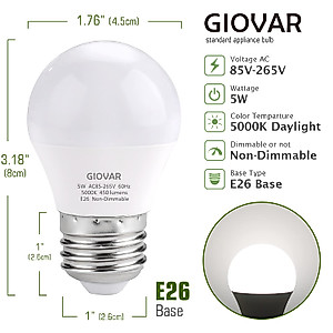 GIOVAR 2-Pack LED Refrigerator Light Bulbs 40 Watt Equivalent 120V, A15 Appliance Light Bulb Daylight 5000K for Fridge, E26 Base, Waterproof, Non-Dimmable