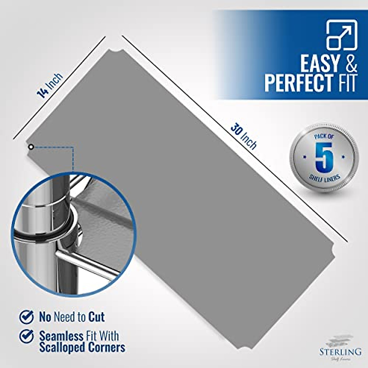 Shelf Liners for Wire Shelf System - Set of 5 in Graphite - 14 x 30 inch - Plastic Wire Shelving Shelf Mats