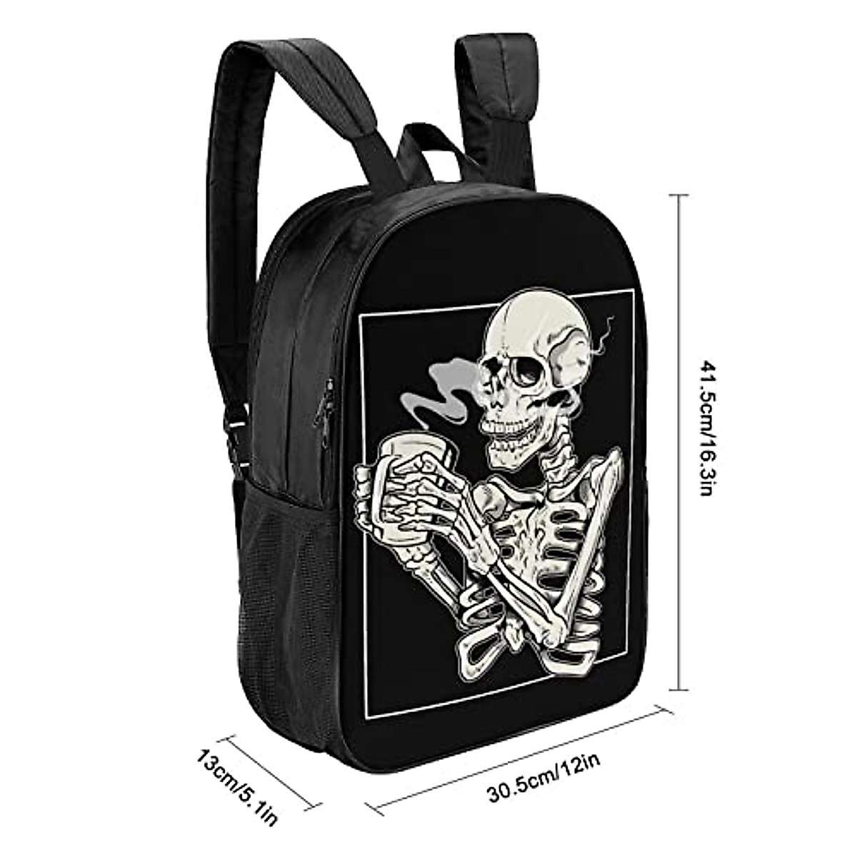 Skeleton Drinking Coffee Reversible Backpack Large Bookbag Double Sided Prints Travel Backpack Adult Unisex Casual Laptop Daypack School Backpack for Men Women College Students, 17 Inch, Black