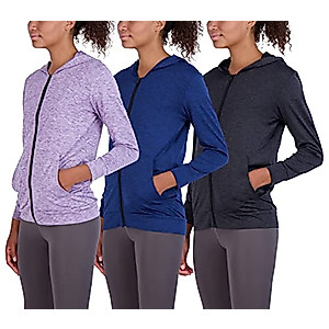 3 Pack: Womens Dry Fit Long Sleeve Full Zip Up Hoodie Jacket Ladies Athletic Running Track Workout Sports Yoga Pockets UPF Sun Shirt Rain Warm Sweat Up Winter Rain Lightweight Outerwear- Set 3, M