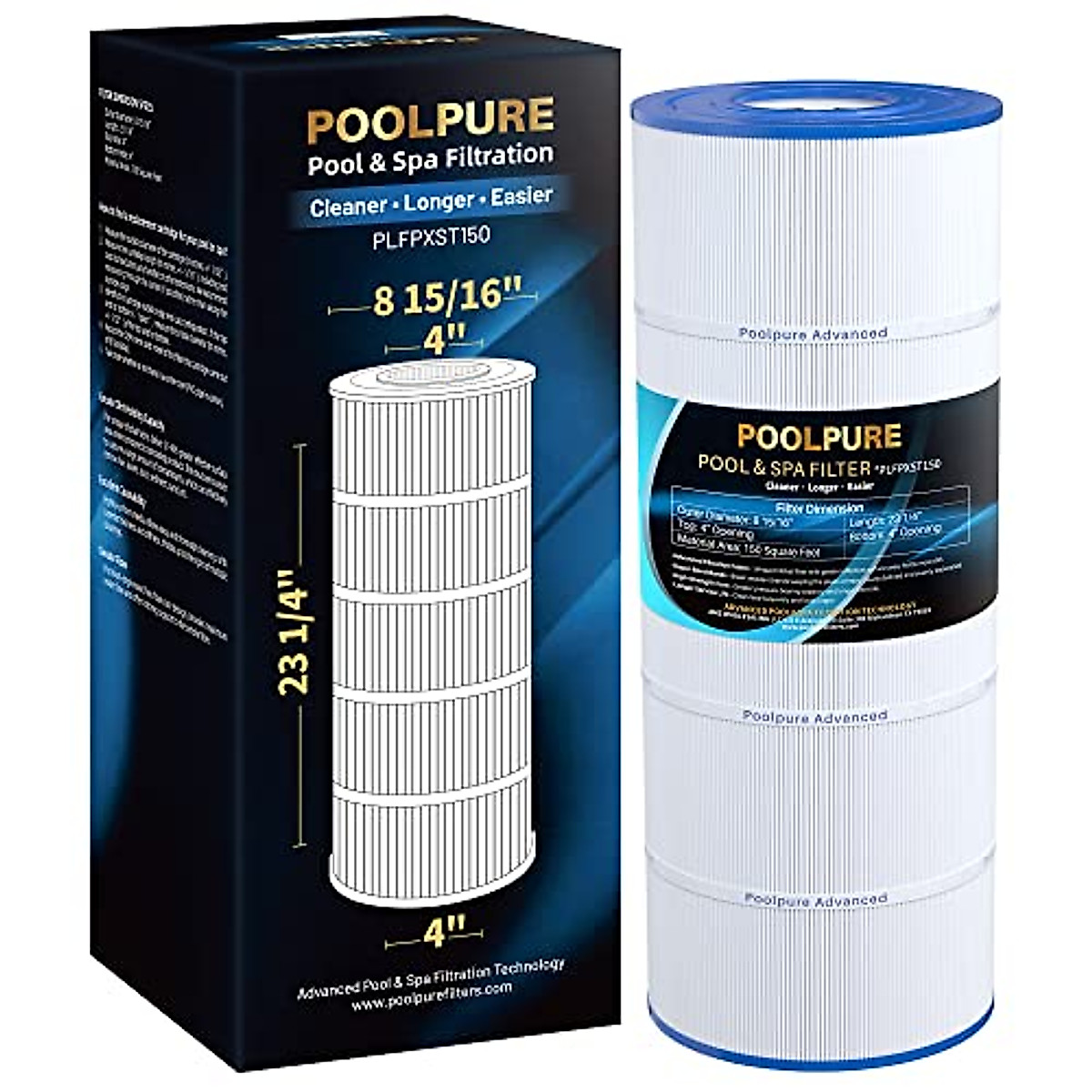 POOLPURE PLFPXST150 Pool Filter Replaces Hayward X-Stream CC1500, CCX1500-RE, Pleatco PXST150, Ultral-B3, Unicel C-8316, Filbur FC-1286, 817-0150P, Waterway Pro Clean 150, L x OD: 23 1/4" x 8 15/16"