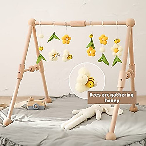 bopoobo Wooden Baby Play Gym Foldable Baby Play Gym Frame Activity Center Hanging Sensory Toys with 6 Soft Toys for Sensory Exploration and Motor Skill Development Gift for Newborn Baby