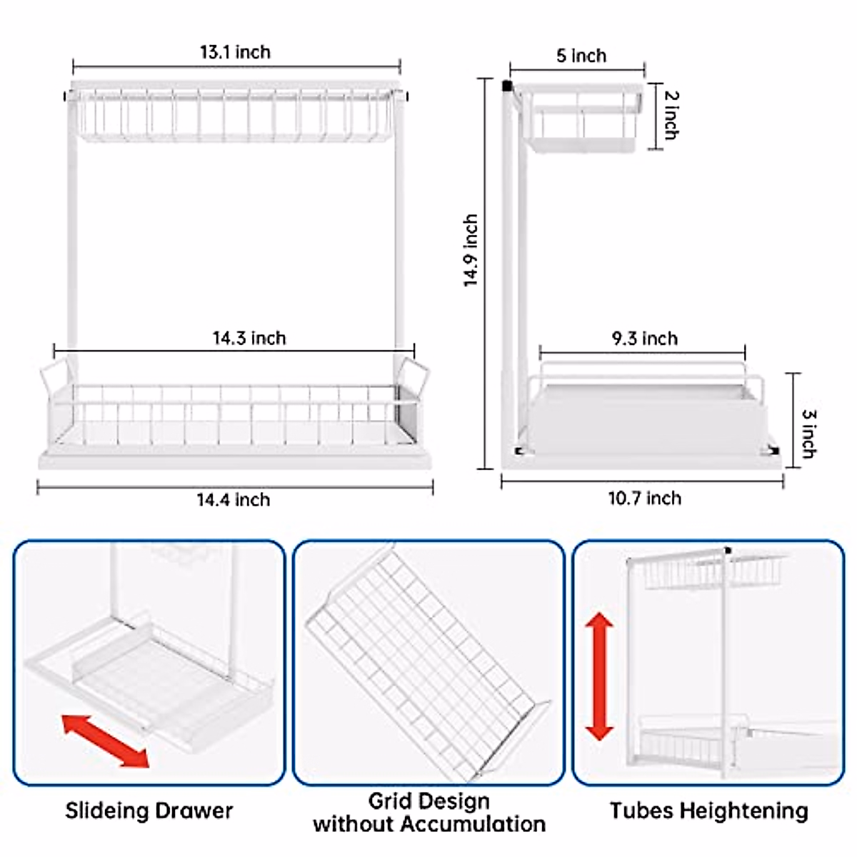 Under Sink Organizers and Storage, Painted Steel Under Cabinet Storage Pull Out Bathroom Organizer with Handles, 2 Tier Under Sink Storage Kitchen Space Rack for Countertop, White