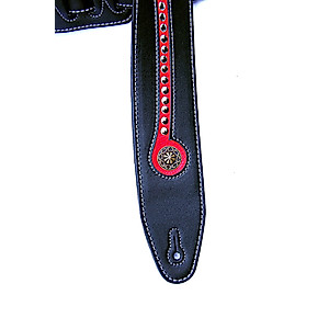 Walker & Williams Black & Red Western Style Padded Guitar Strap with Chrome and Brass Studs For Acoustic, Electric, And Bass Guitars