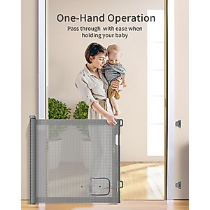 GROWNSY Retractable Baby Gates, Pet Gate with Cat Door - 33" Tall, Extends to 55" Wide Dog Gate for Stairs, Mesh Baby Gate with Door for Cats/Small Dogs, Easy Install for Doorways, Indoor &Outdoor