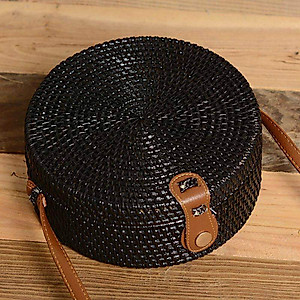 Kbinter Handwoven Round Rattan Straw Bag for Women Shoulder Leather Button Straps Natural Chic Handmade Boho Bag Bali Purse, Black, Large
