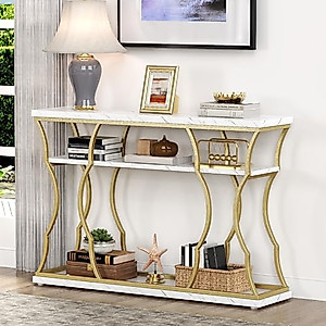 Modern Console Table Entryway, 47.24" Faux Marble Narrow Sofa Table Free Combine Two Different Shape for Hallway Entrance Hall Foyer Corridor Living Room Gold Base (Gold)