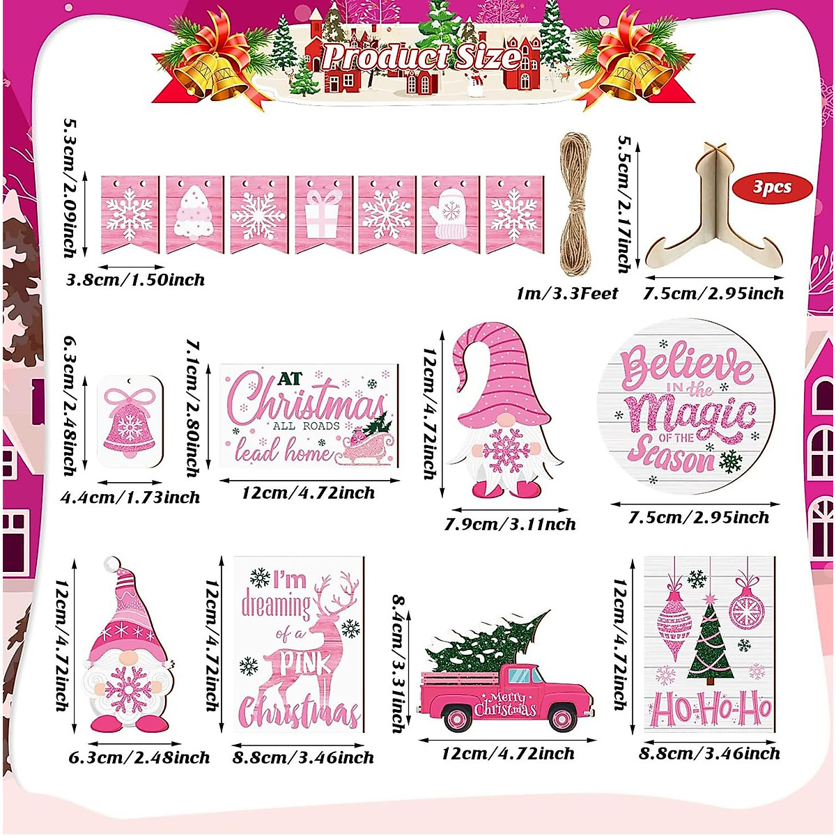 Pink Christmas Decoration, Christmas Tiered Tray Decor 15 Pcs Pink Christmas Ornaments Farmhouse Rustic Decor Christmas Gnome Truck Snowflake Wooden Sign for Christmas Centerpiece Table Party Holiday