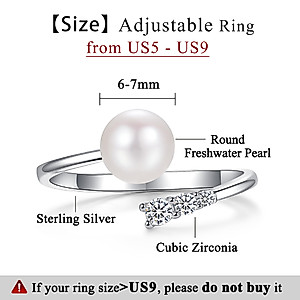 Freshwater Pearl Ring Sterling Silver Rings for Women 925 Adjustable with Cubic Zirconia Open June Birthstone Rings with Real Round Genuine Cultured Stackable