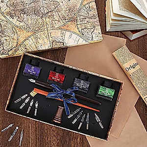 Calligraphy Pen Set - Calligraphy Set For Beginners Includes Oblique Pen Wooden Calligraphy Pen 12 Pen Nibs & 4 Different Color Inks Dip Pen Set Fountain Pen Set Retro Gift