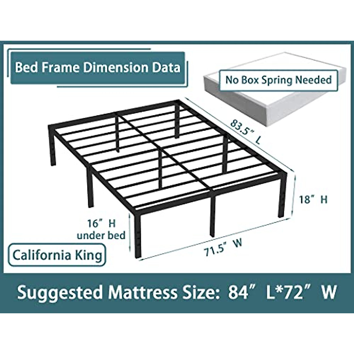 Rooflare California King Bed Frames 18 Inch Tall 9 Legs Max 3500lbs Heavy Duty Sturdy Metal Steel Cali King Size Platform No Box Spring Needed Black Easy to Assemble-Black