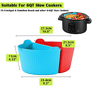 Slow Cooker Liners,LYHOLKEER Silicone Slow Cooker Liner for 6 QT Crockpot & Hamilton Beach,2 IN1 Reusable Slow Pot Divider Insert,Leakproof & Dishwasher Safe, BPA Free (Red+Blue)