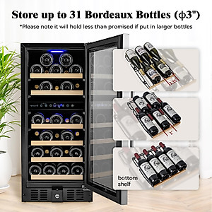 TRIFECTÉ 15” Wine Fridge, Dual Zone Wine Cooler Refrigerator Freestanding, 31 Bottles Wine Cooler Under Counter with Stainless Steel Door, Quiet Wine Cellar For Home Office and Kitchen